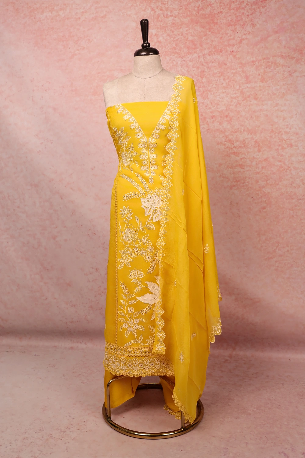 Yellow Chiffon Organza Embroidery Unstitched Churidhar Material ...